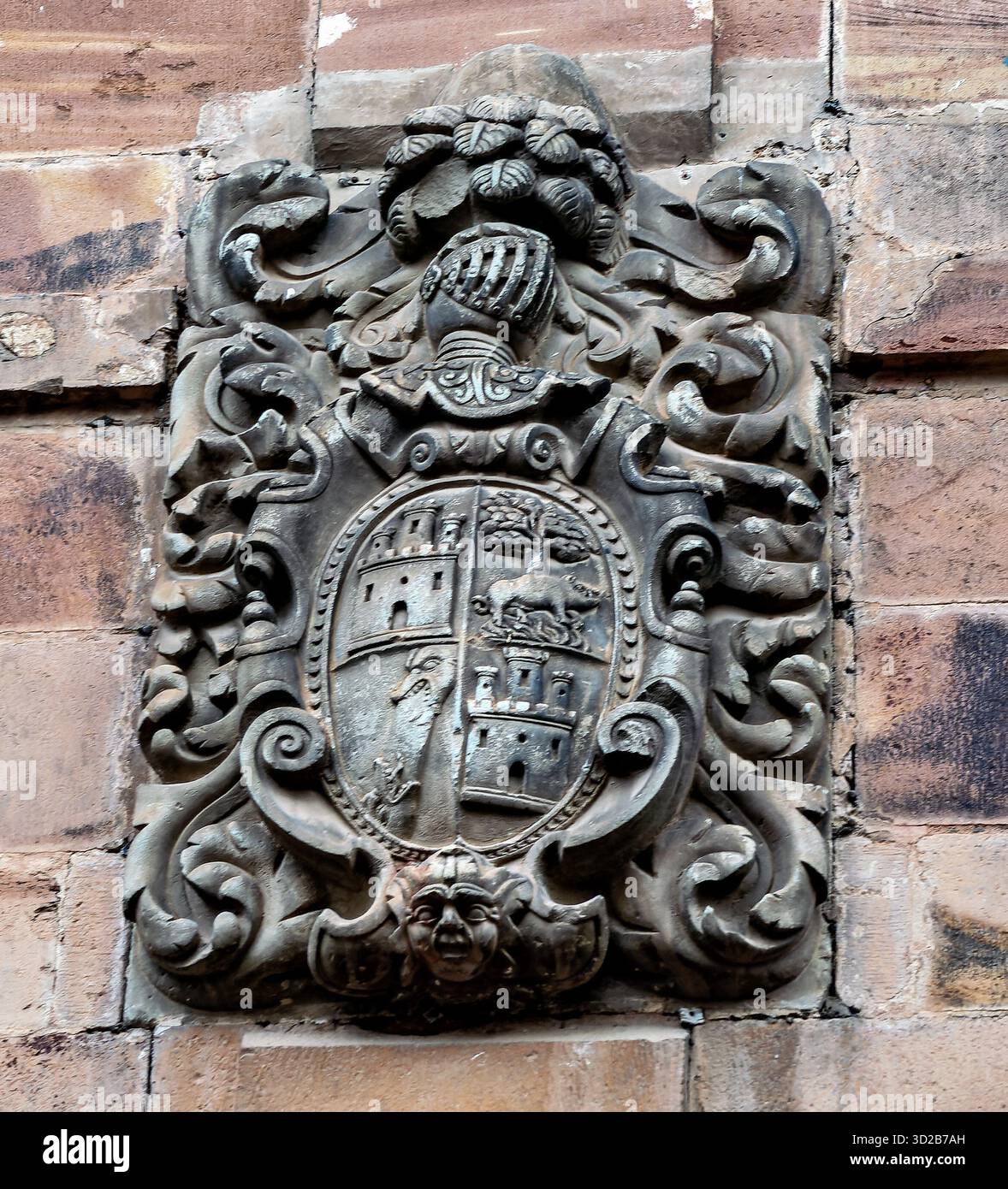 Historic stone coat of arms carved on a wall in Ezcaray, La Rioja Stock ...
