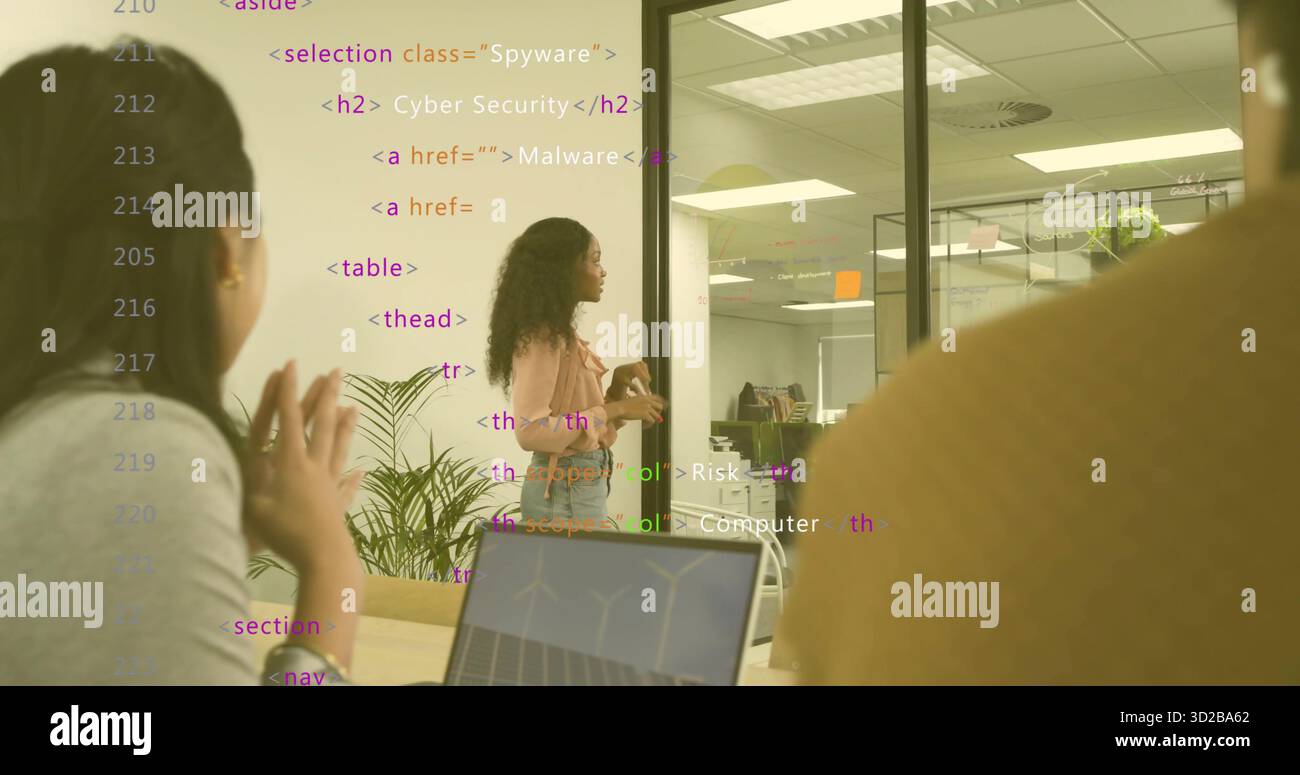 Chinese woman gesturing, speaking to team in meeting room, with laptop ...