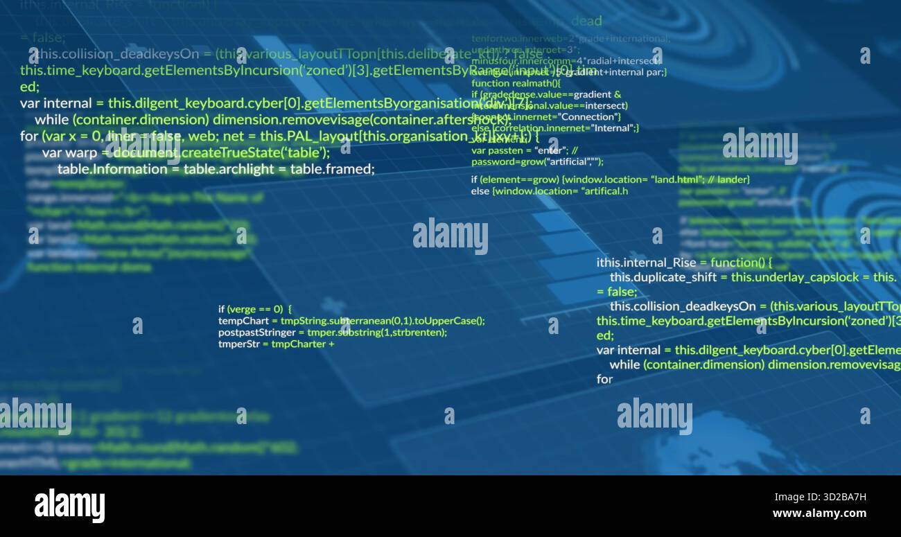 Floating code lines above world map in abstract scene, with curved grid ...