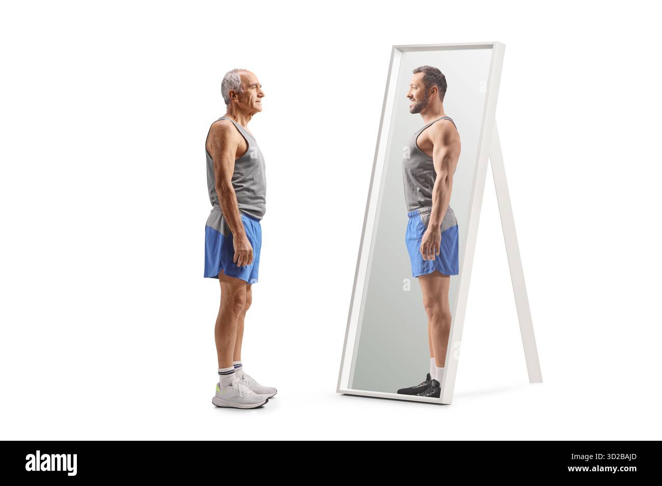 Elderly man seeing his younger self in a mirror isolated on white ...