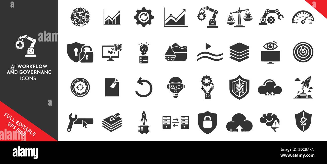 AI workflow and governance icons set. Artificial intelligence, machine ...
