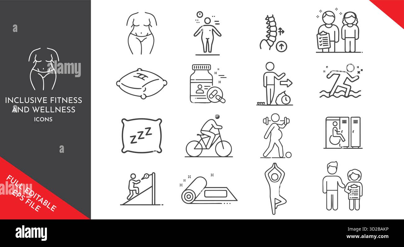 Inclusive fitness and wellness icons. Line art design for health ...