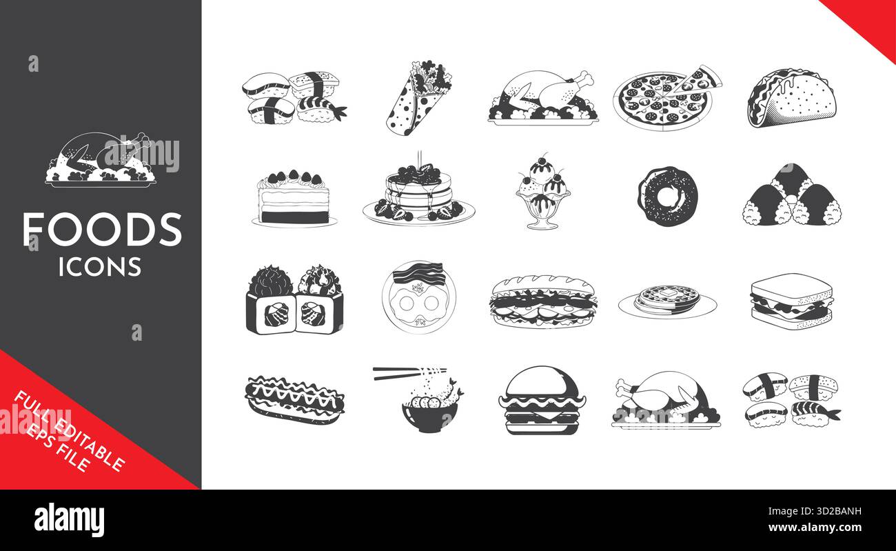Collection of various delicious food icons. Black and white silhouette ...