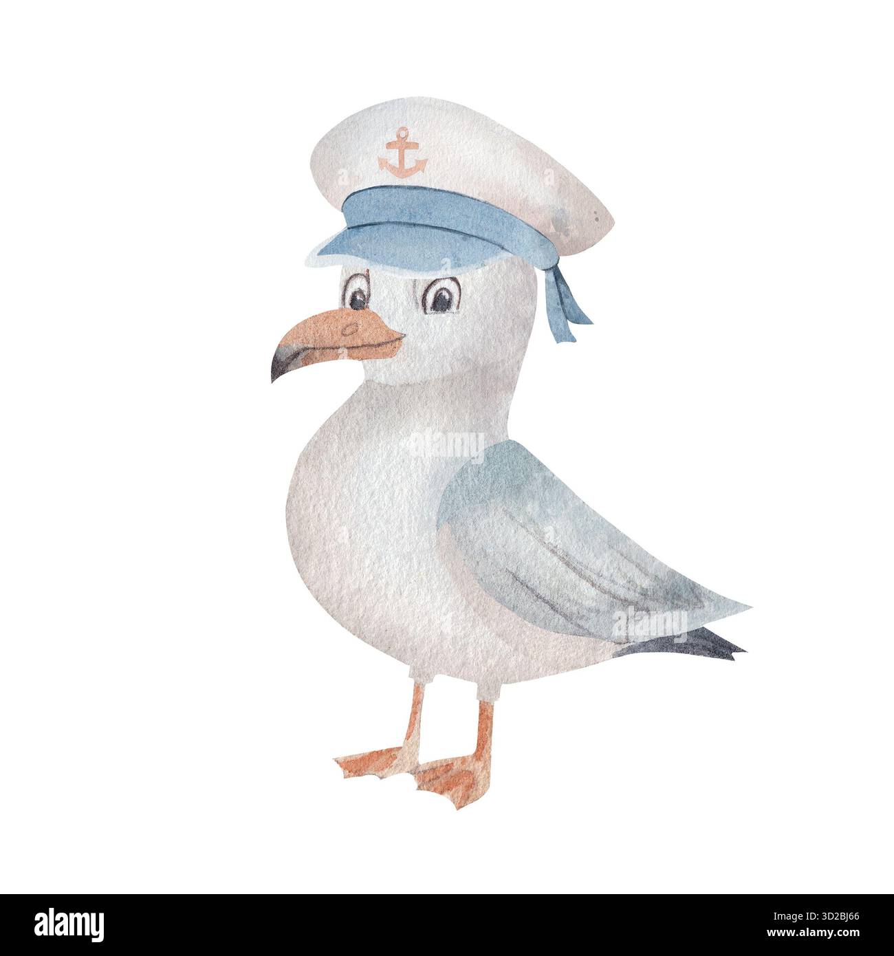 Charming watercolor illustration of white seagull with as captain ...