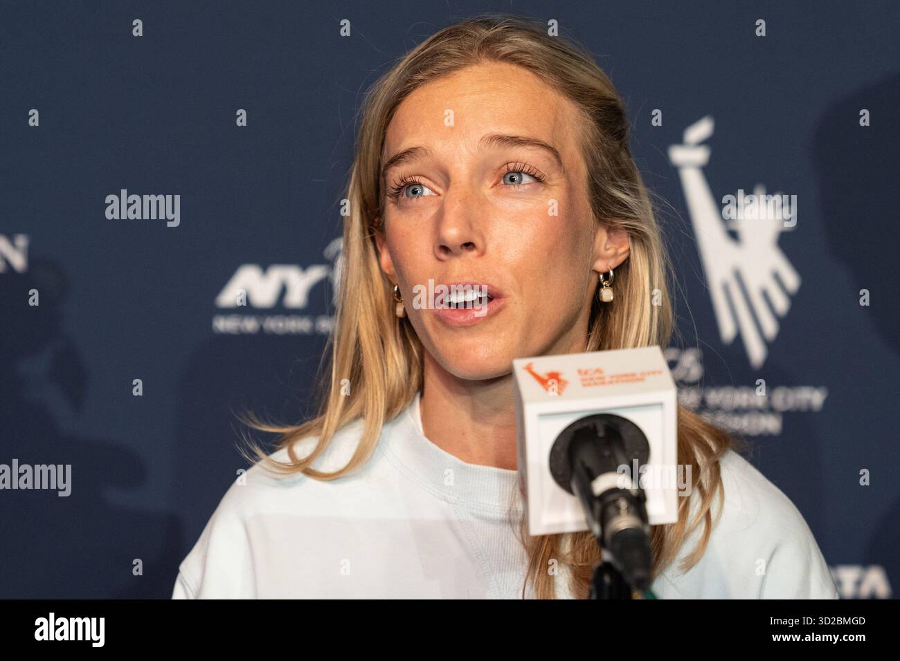 Emily Sisson attends media availability ahead of 2025 TCS New York marathon at media center in ...