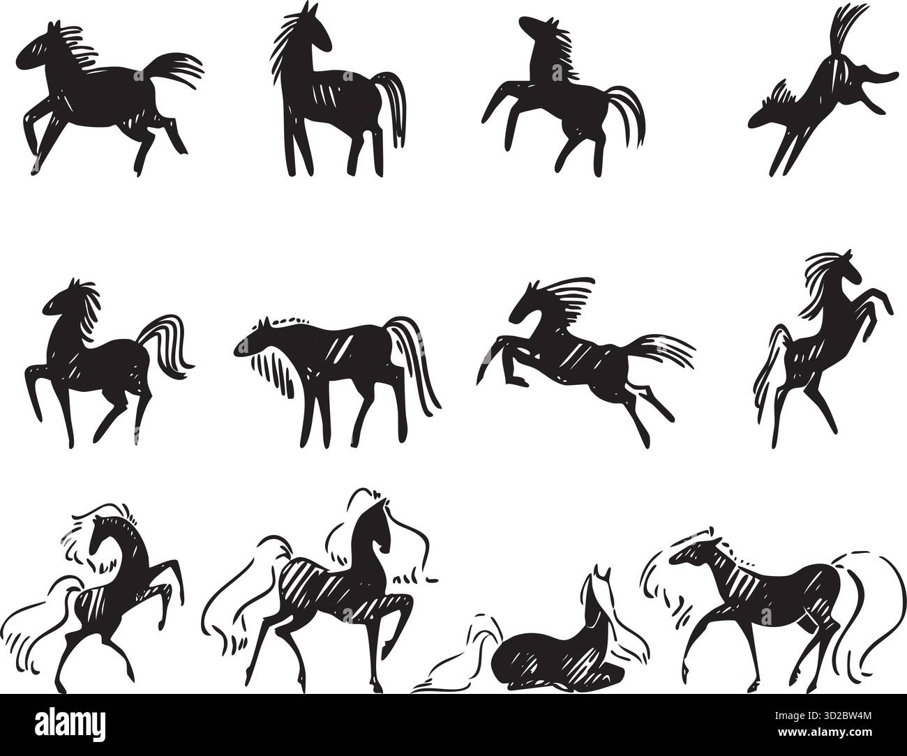 Stylized black horse sketches showcasing movement and energy Stock ...