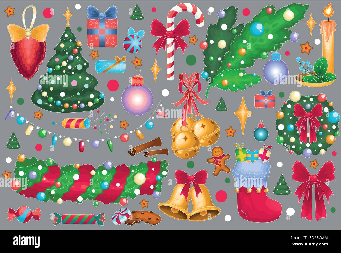 collection of holiday icons and ornaments, colorful stickers featuring ...