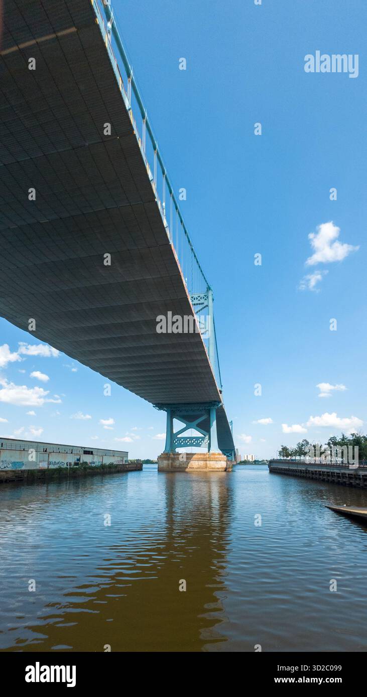 Benjamin Franklin bridge spans a body of water, with a blue sky above ...