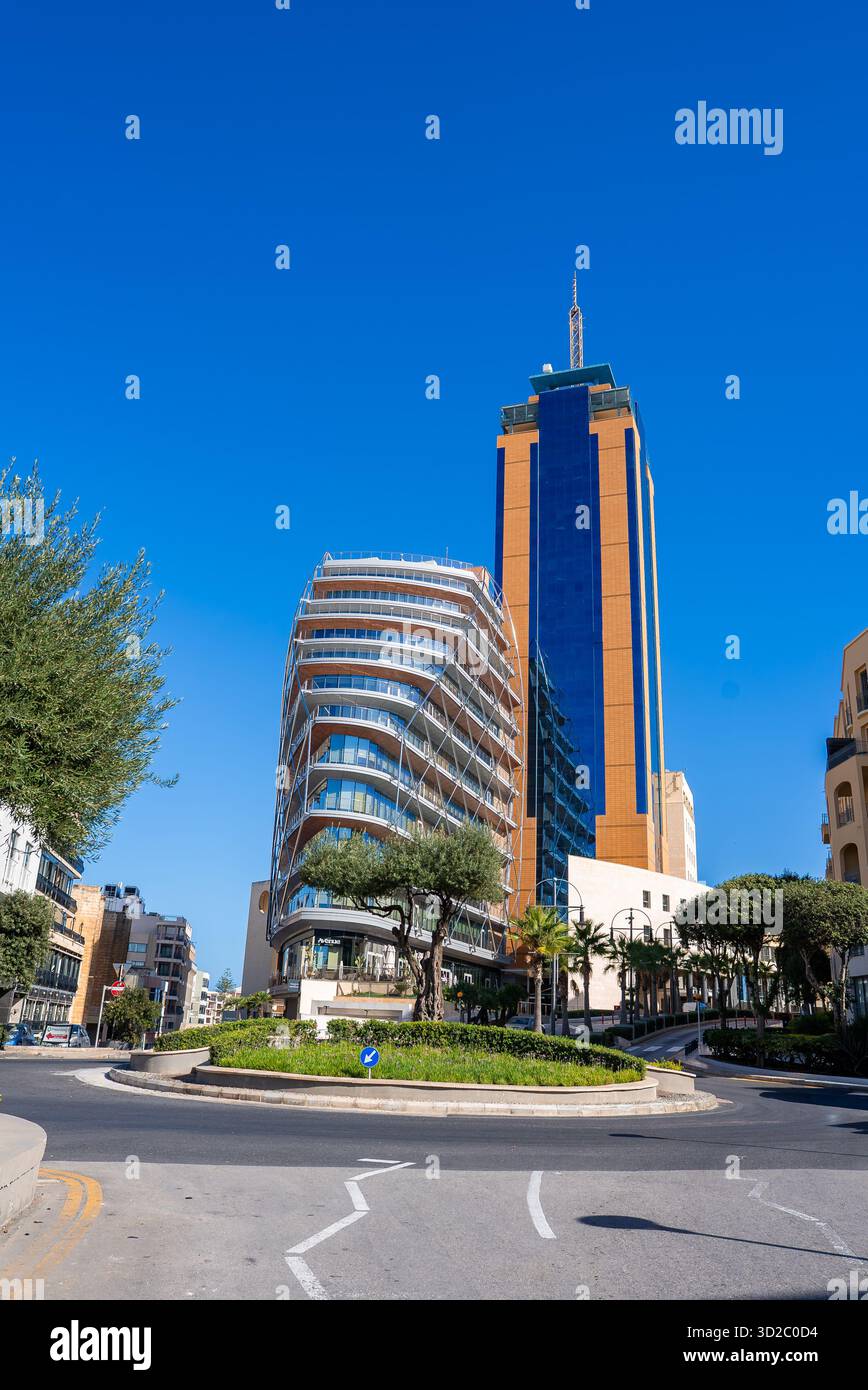 Modern Sliema roundabout with landmark towers near Tigne Point Stock ...