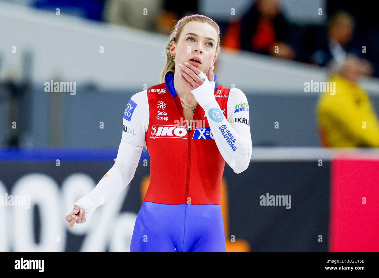 Joy Beune of the Netherlands and Team IKO X2O looks on after competing on the Women's 1500m on ...