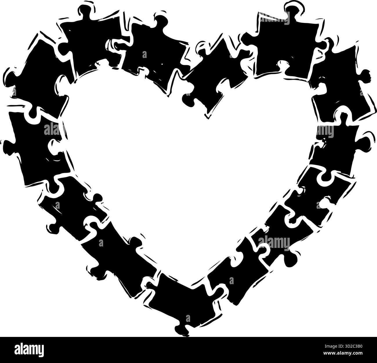 Black heart made of puzzle pieces in a rough grunge graphic style on a ...