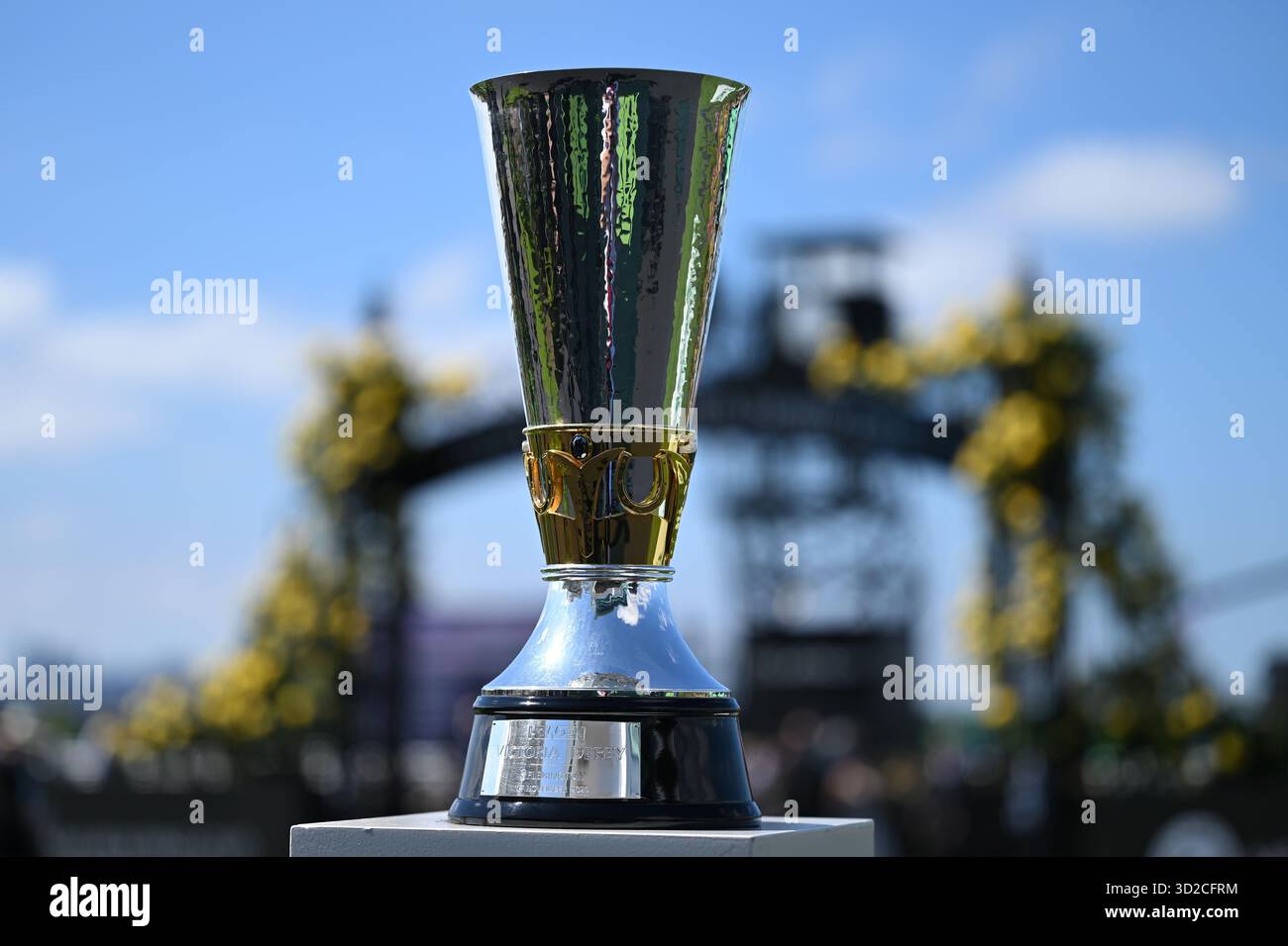 The Victory Derby trophy is seen on display ahead of the Derby Day at ...