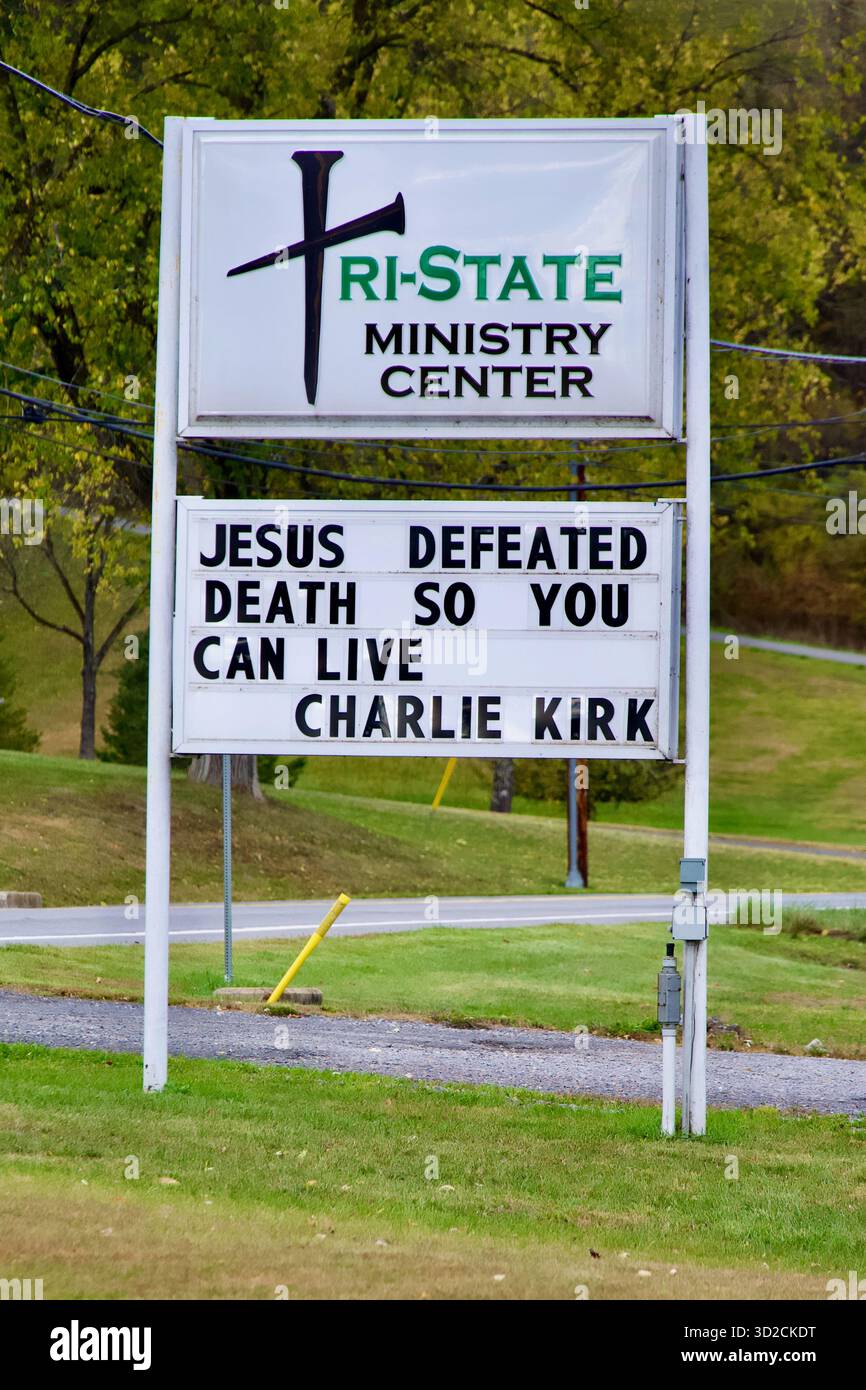 Hyndman, Pennsylvania, USA - October 20, 2025: A sign at the Tri-State ...
