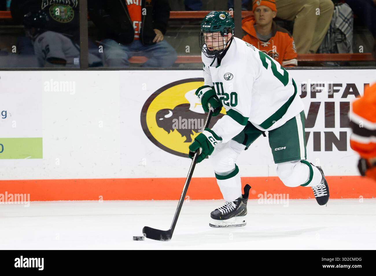 Bemidji State forward Kirklan Irey (20) skates with the puck against ...