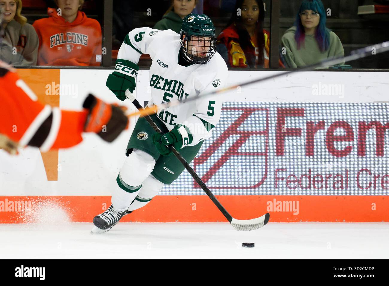 Bemidji State defenseman Hudson Thornton (5) skates with the puck ...