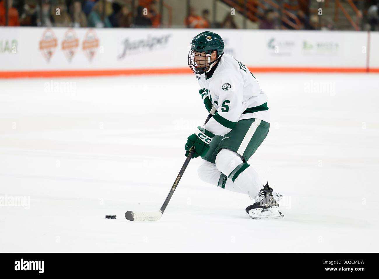 Bemidji State defenseman Hudson Thornton (5) skates with the puck ...