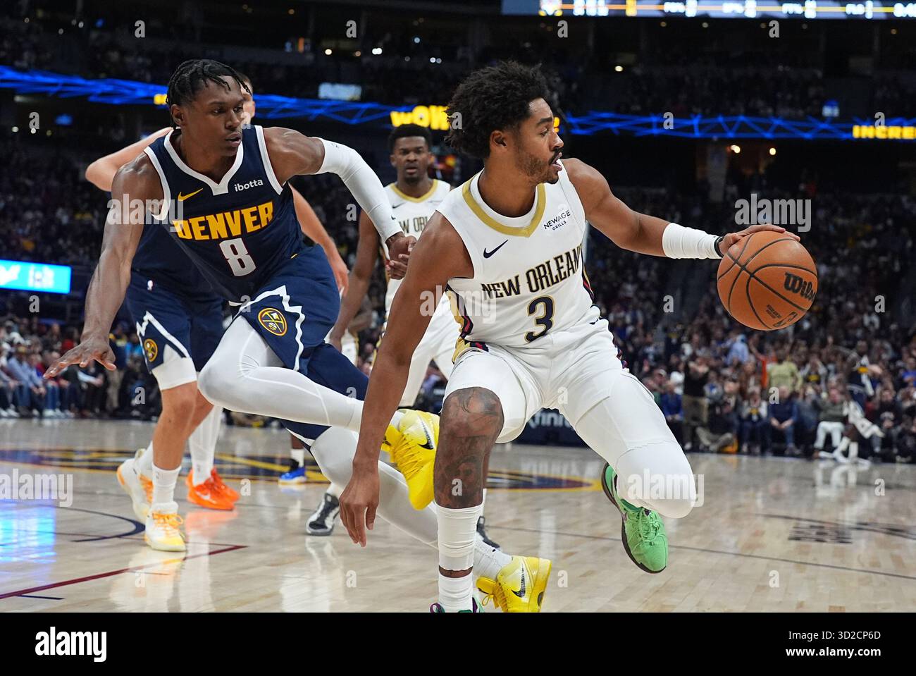 New Orleans Pelicans guard Jordan Poole (3) and Denver Nuggets guard ...