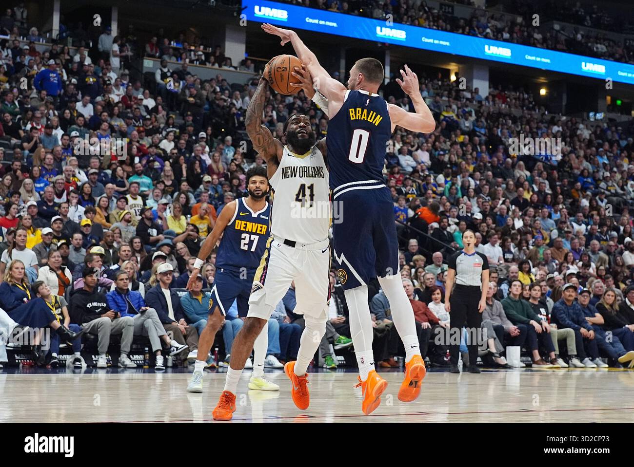 New Orleans Pelicans guard Saddiq Bey (41) and Denver Nuggets forward ...
