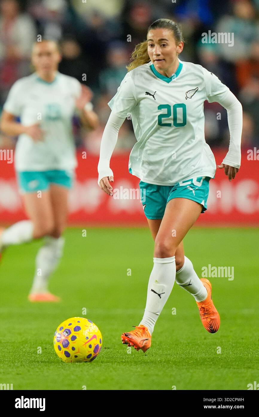 New Zealand forward Indiah-Paige Riley kicks the ball during the first ...