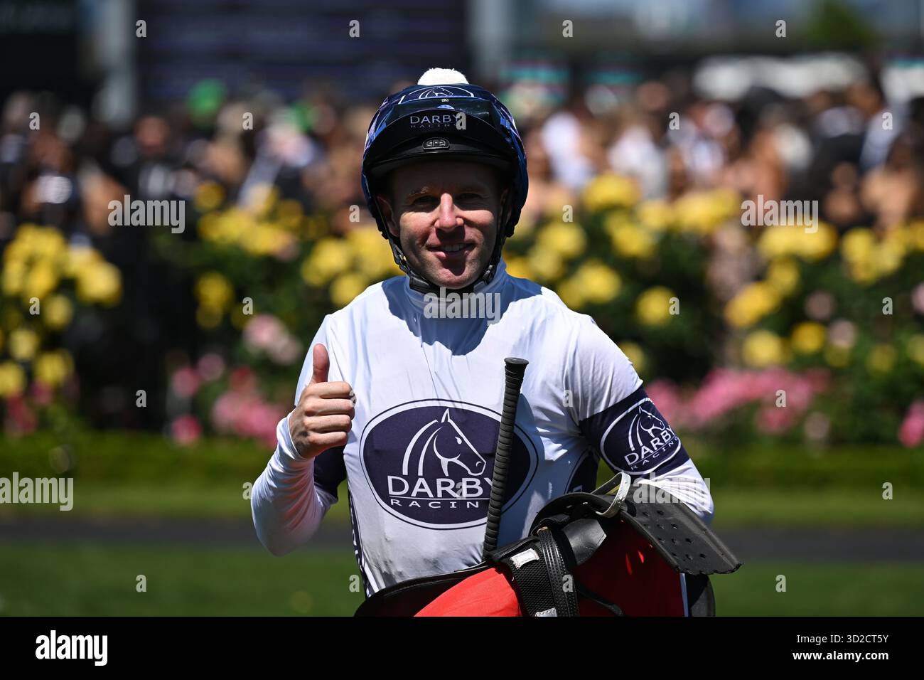 Jockey Tommy Berry reacts in the mounting yard after riding Caballus to ...
