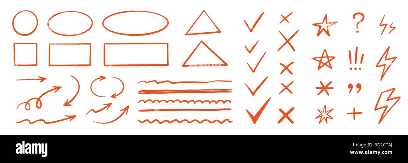 Pen red emphasis set. Hand drawn crayon check marks, speech bubbles ...