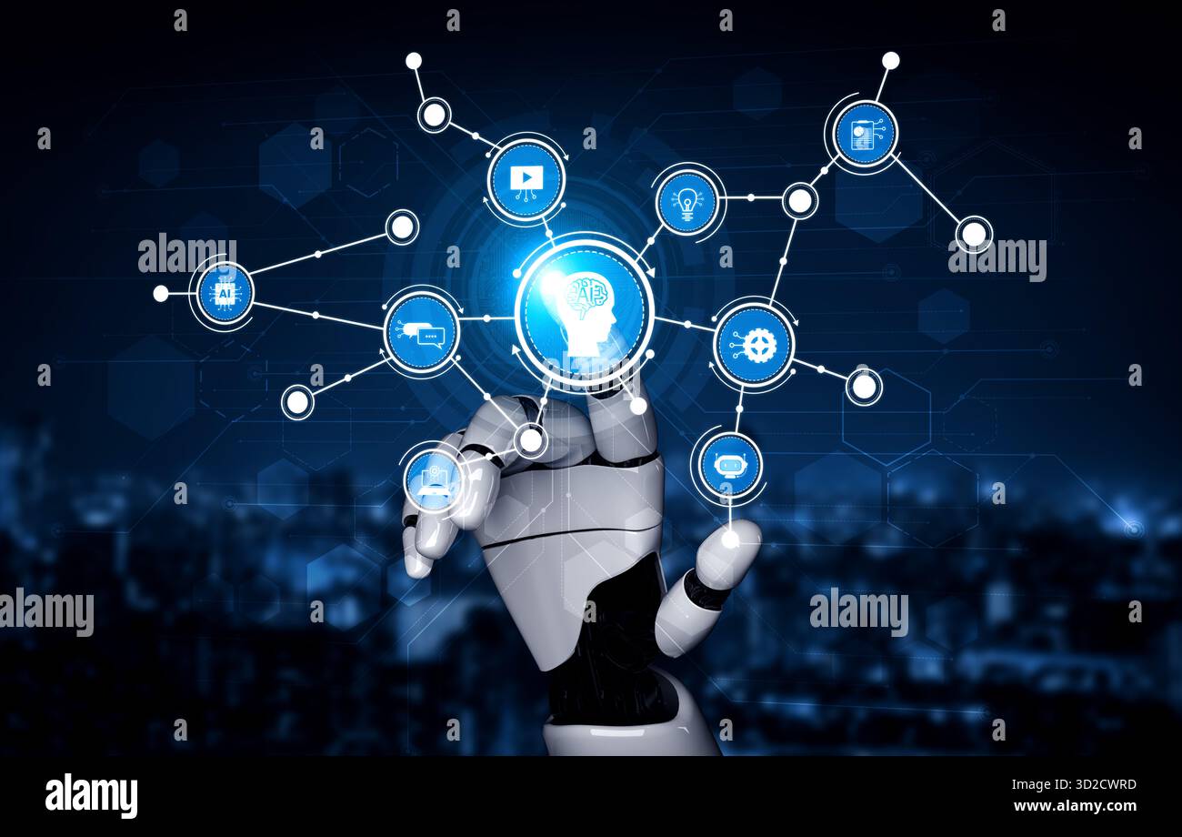 A futuristic robotic hand interacts with a digital network, showcasing ...