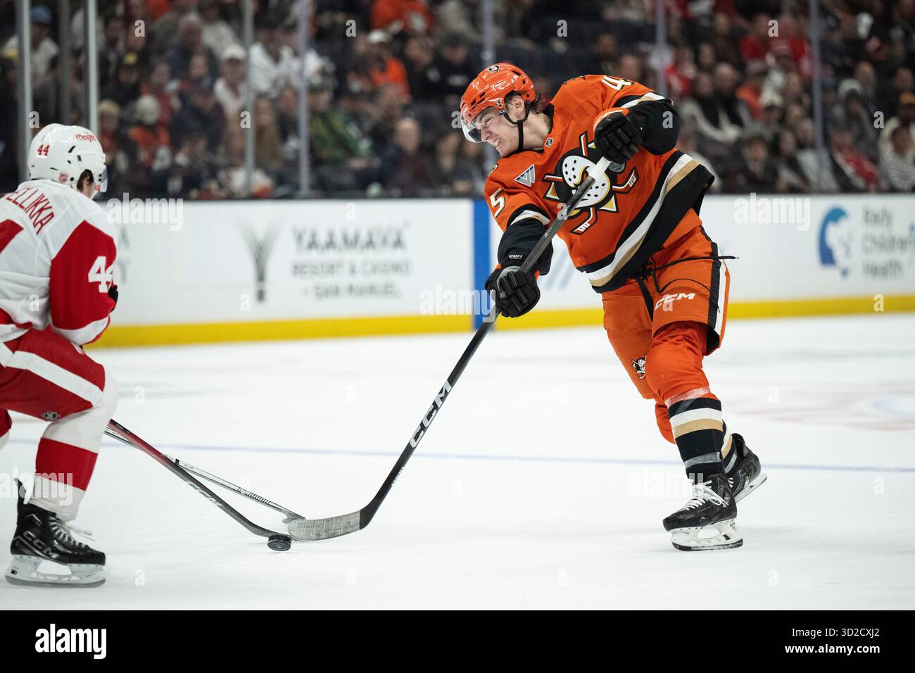 Anaheim Ducks right wing Beckett Sennecke (45) shoots as Detroit Red ...