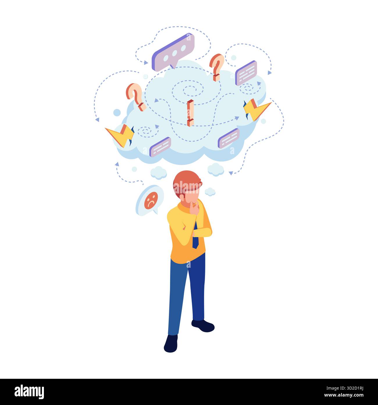 Isometric Man Overthinking with Cloud of Confusing Thoughts ...