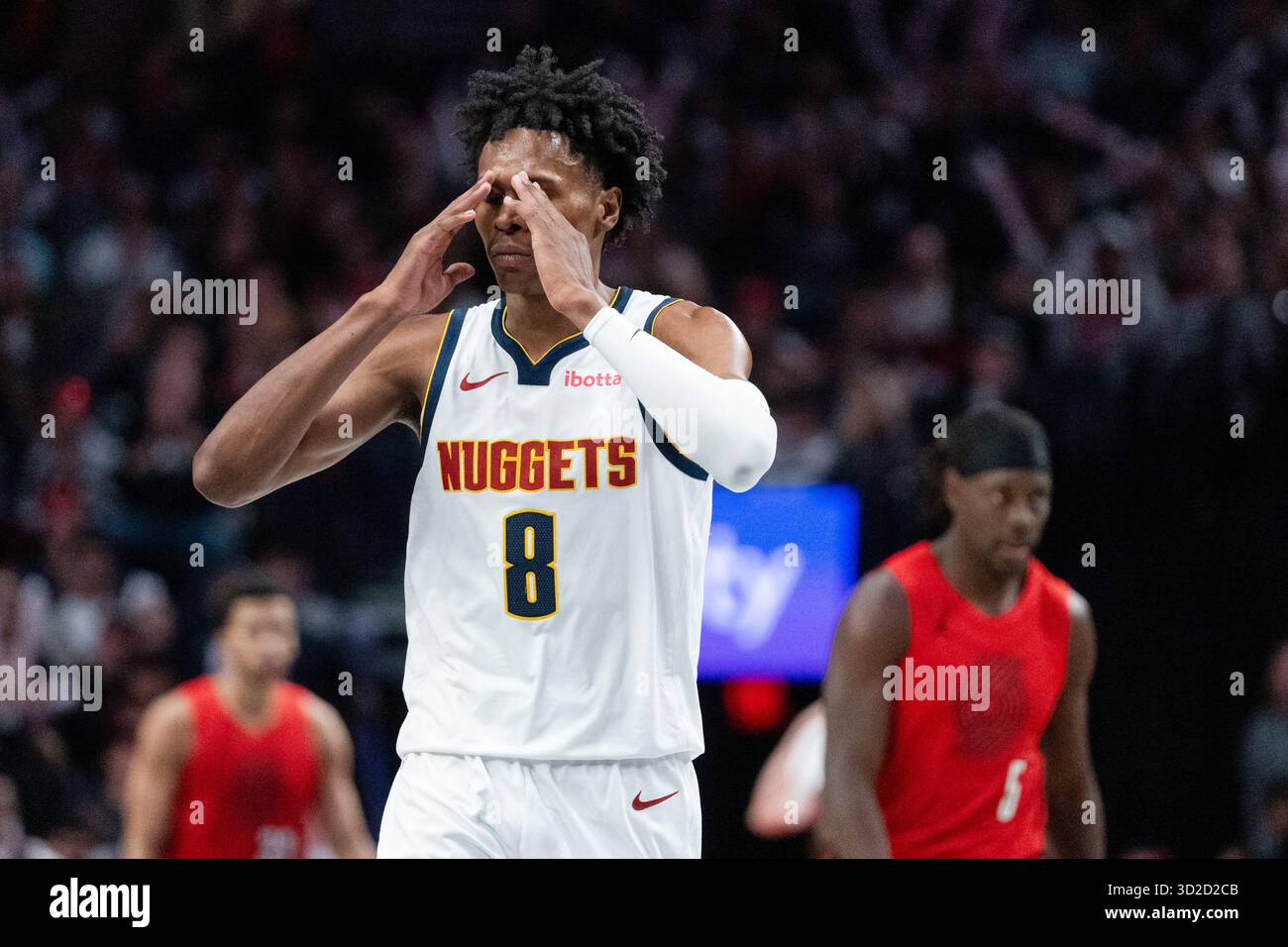 Denver Nuggets guard Peyton Watson (8) reacts after a foul call during ...