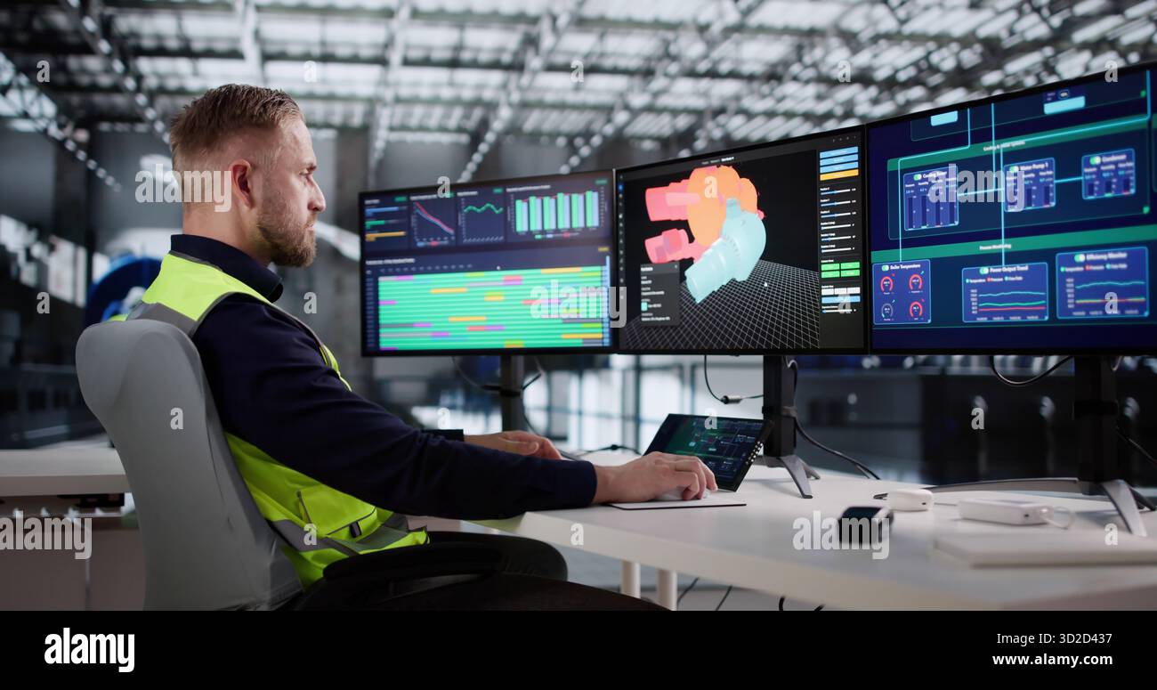 Engineer Monitors Gas Engine In Power Plant Control Room Screen Stock ...