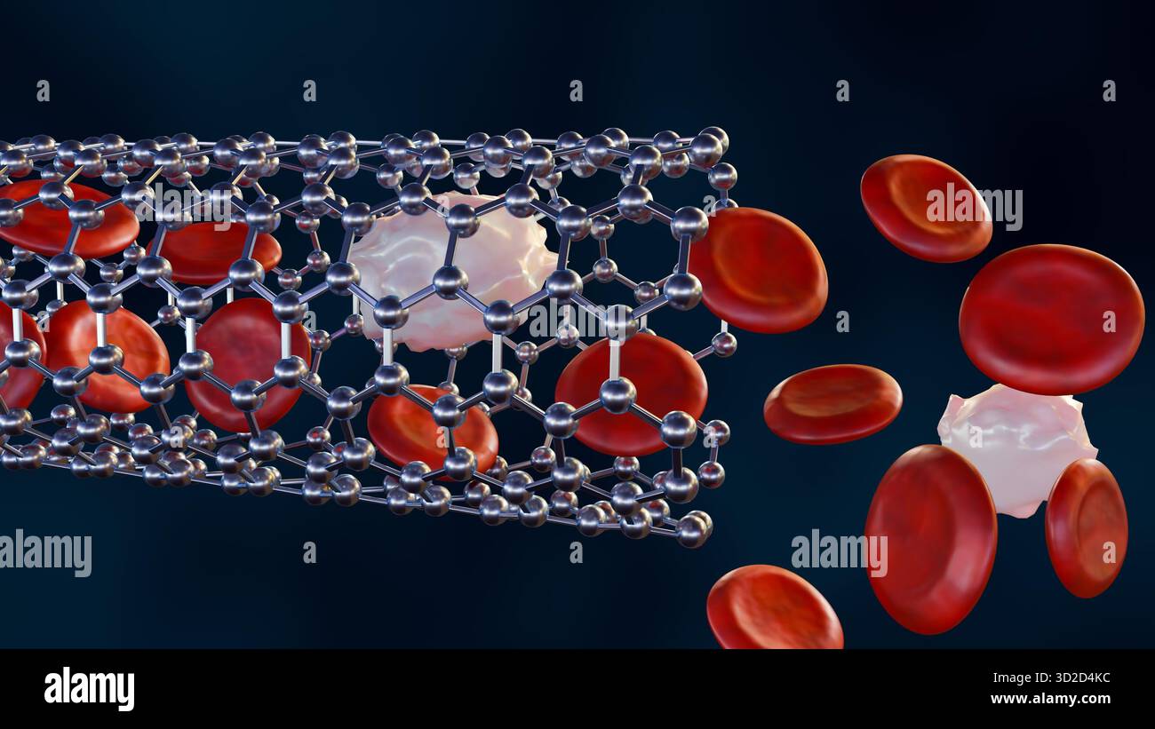 3d illustration of carbon nanotube filled with and transporting red ...