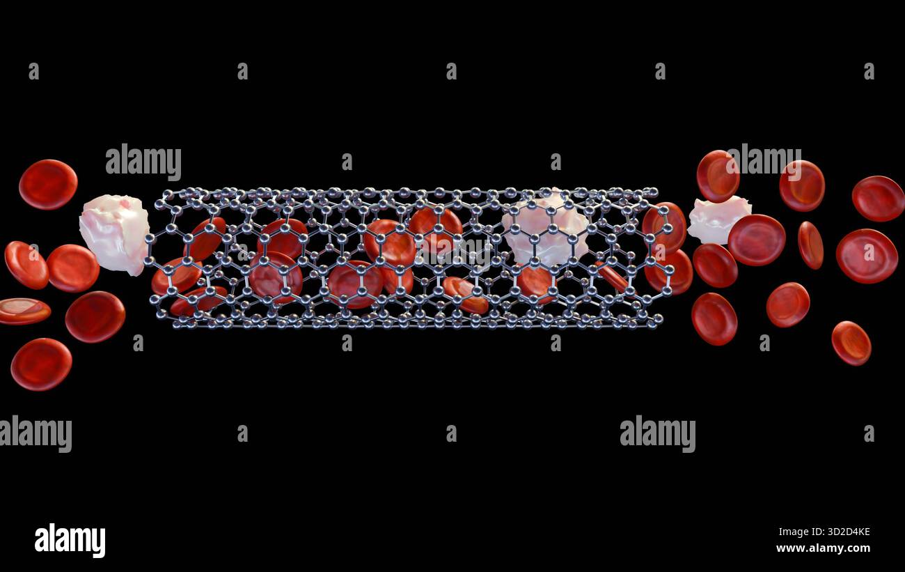 3d illustration of carbon nanotube filled with and transporting red ...