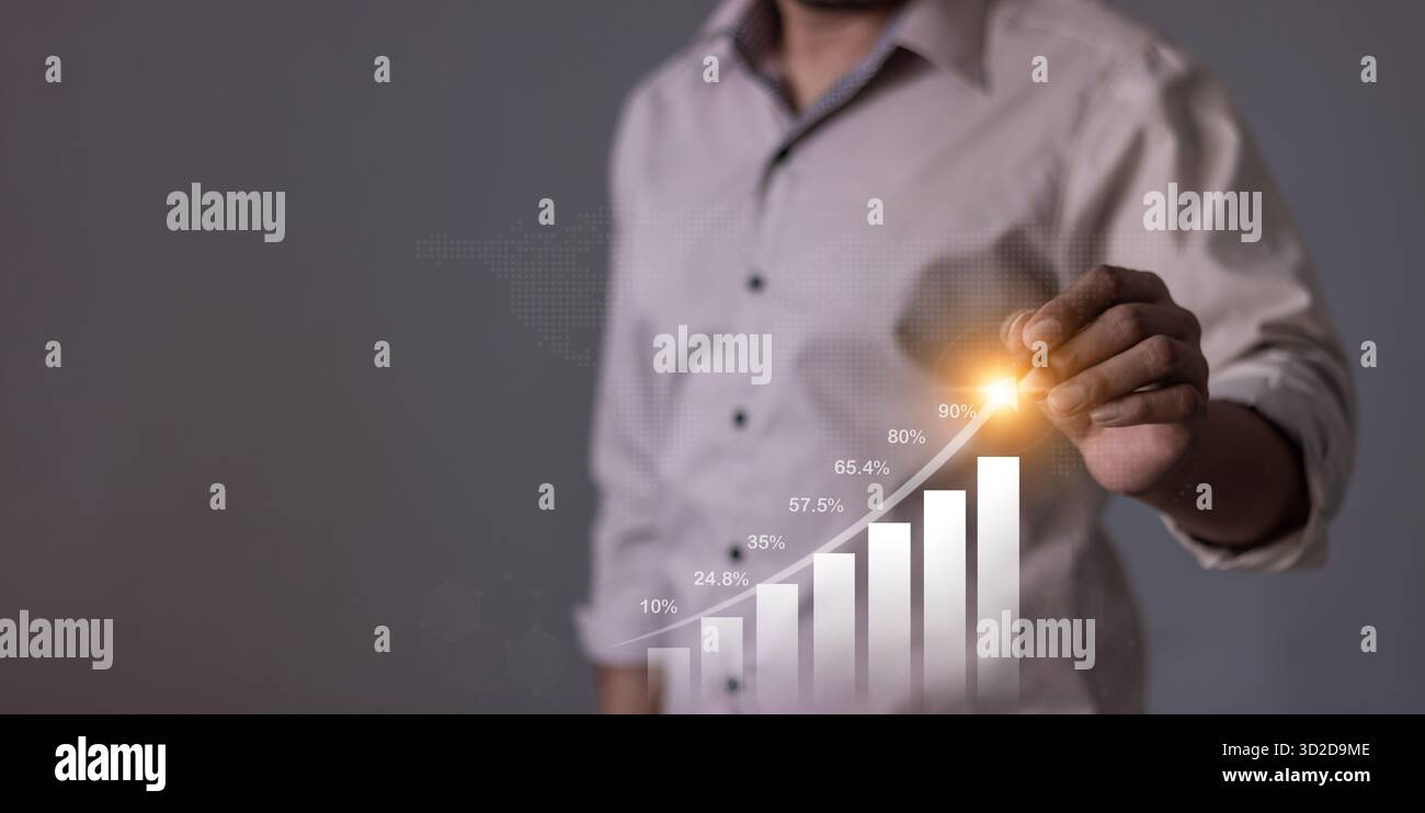 Young man hand touching to visualize money growth The phone screen ...