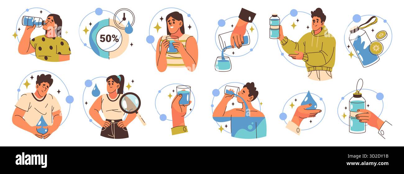 Set of water daily routine and drinking icons. Vector fluid consumption ...