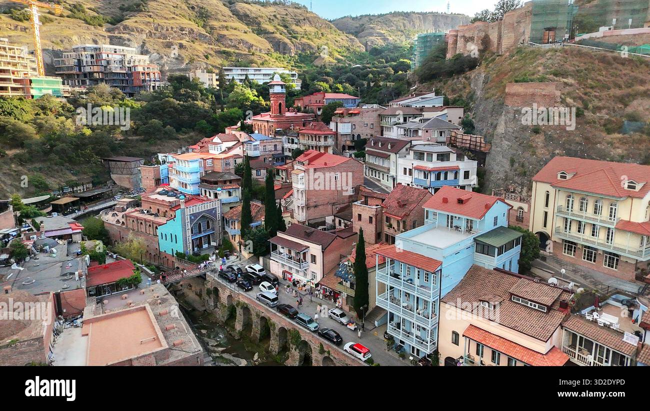 An aerial view of Tbilisi's old town at sunset from Abanotubani: the ...