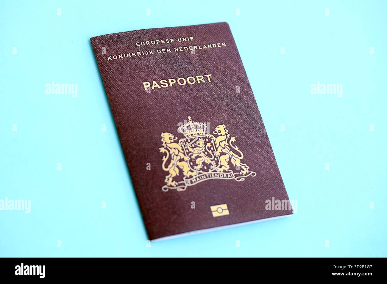 Netherlands passport on light blue paper background close up ...