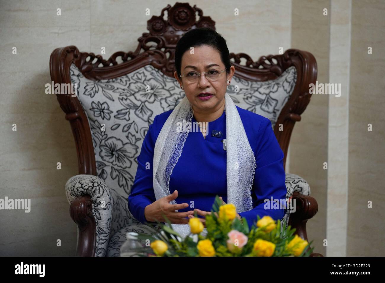Thet Thet Khaing, chairperson of the People's Pioneer Party (PPP), talks to journalists at a ...