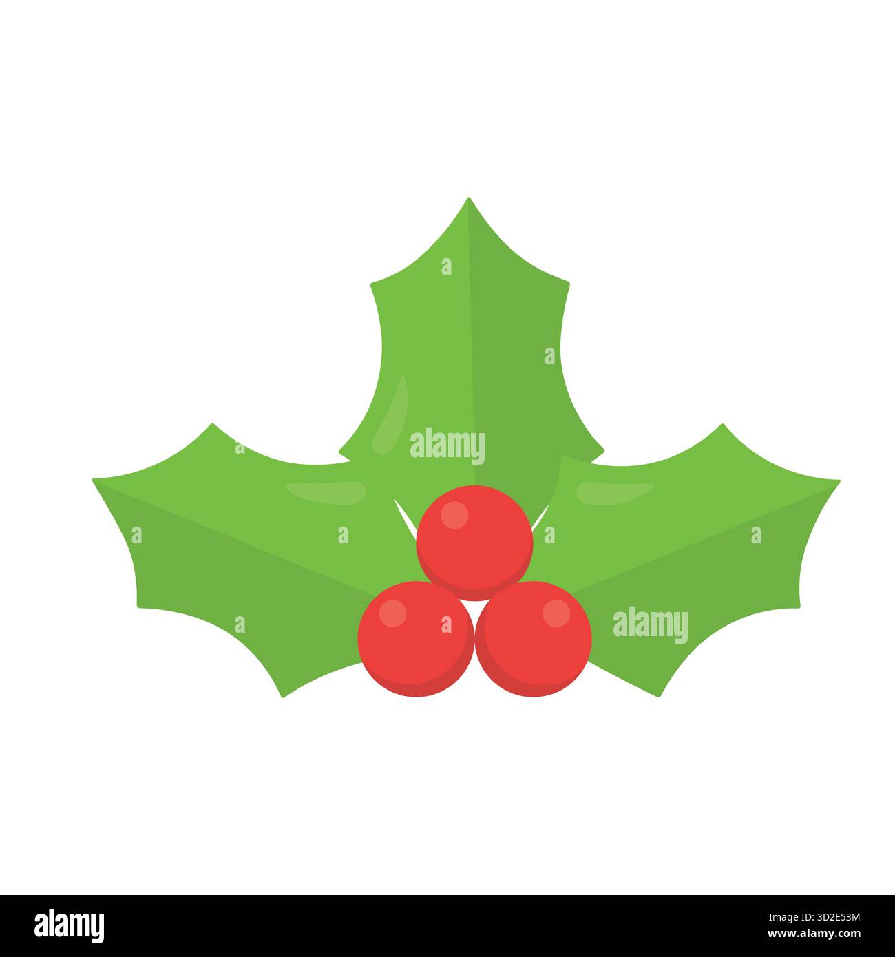 A festive holly sprig with three red berries and pointed green leaves ...