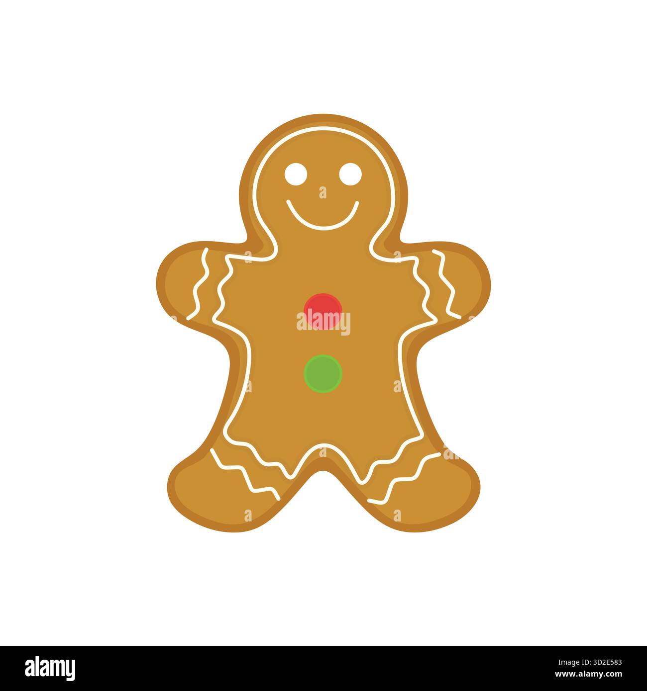 Smiling gingerbread man with white icing details and red-green buttons ...