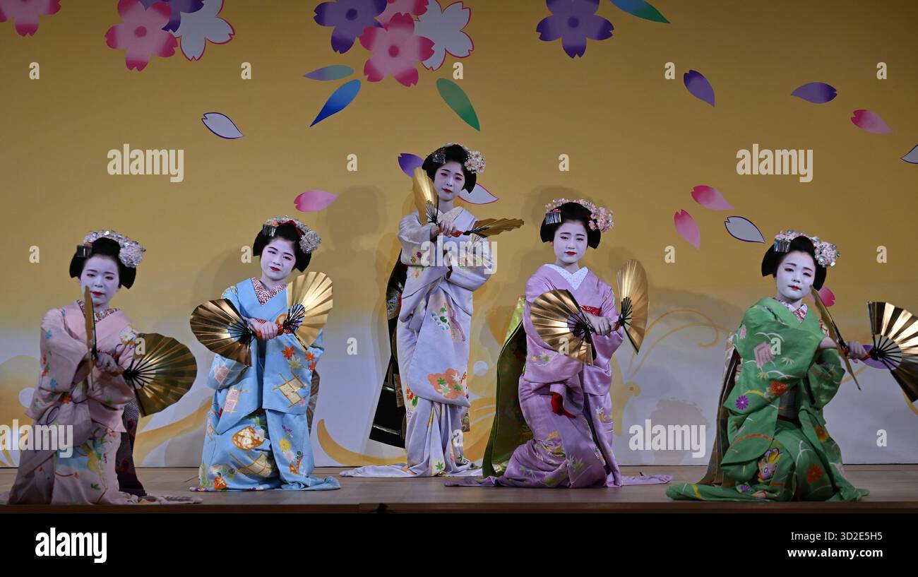 Geisya girls dance during Miyako Odori in Kyoto City, Kyoto Prefecture ...