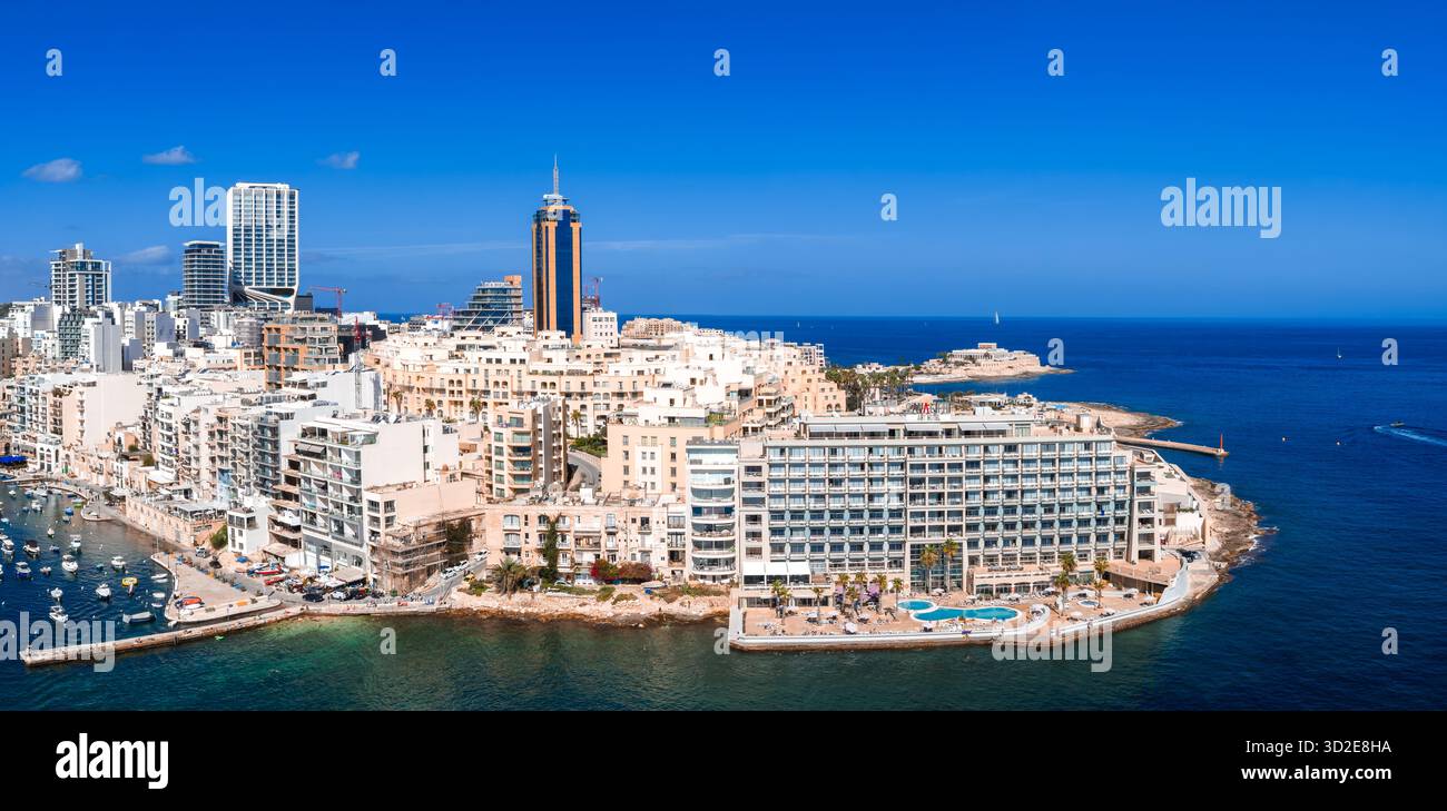 Aerial panoramic view of Sliema peninsula and Portomaso Tower Malta ...
