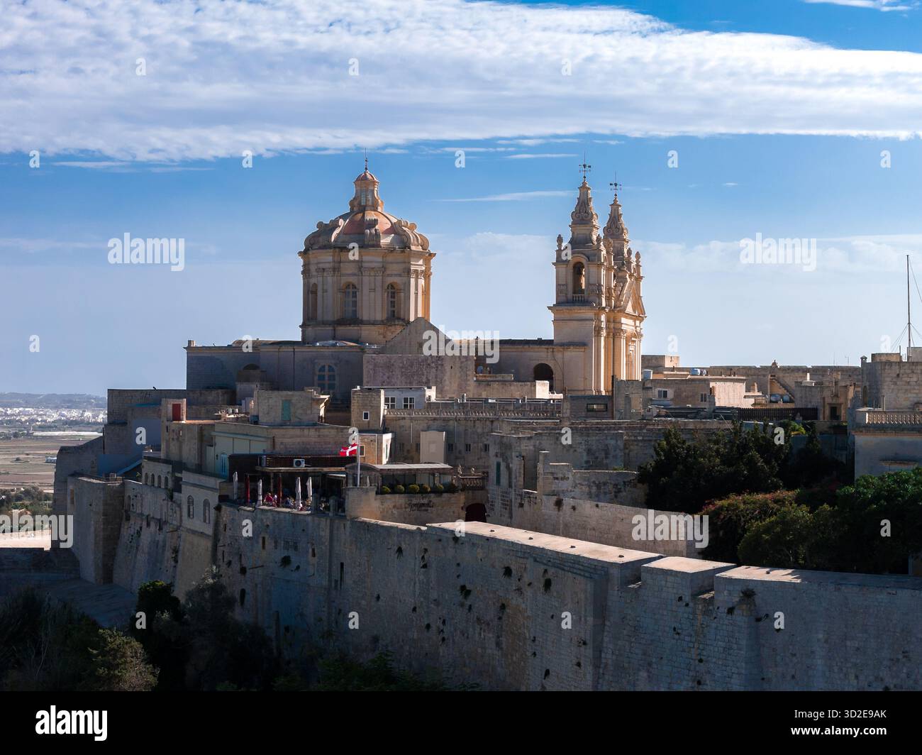 Aerial view of Mdina, Malta with St. Paul's Cathedral dome and towers ...