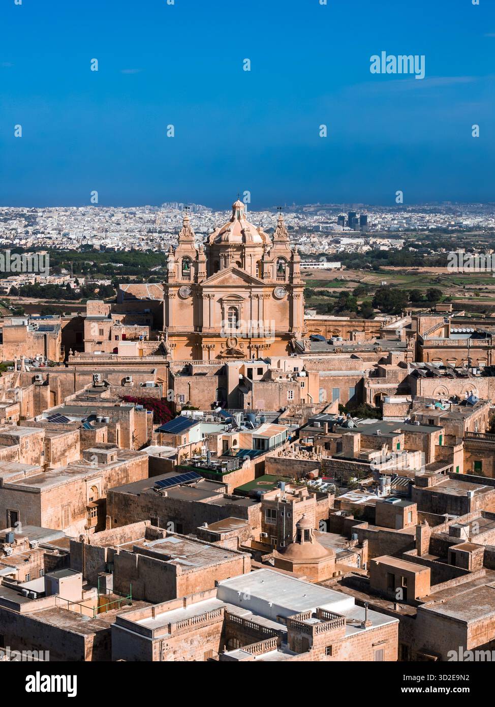 Aerial view of Mdina, Malta with St. Pauls Cathedral and walls Stock ...