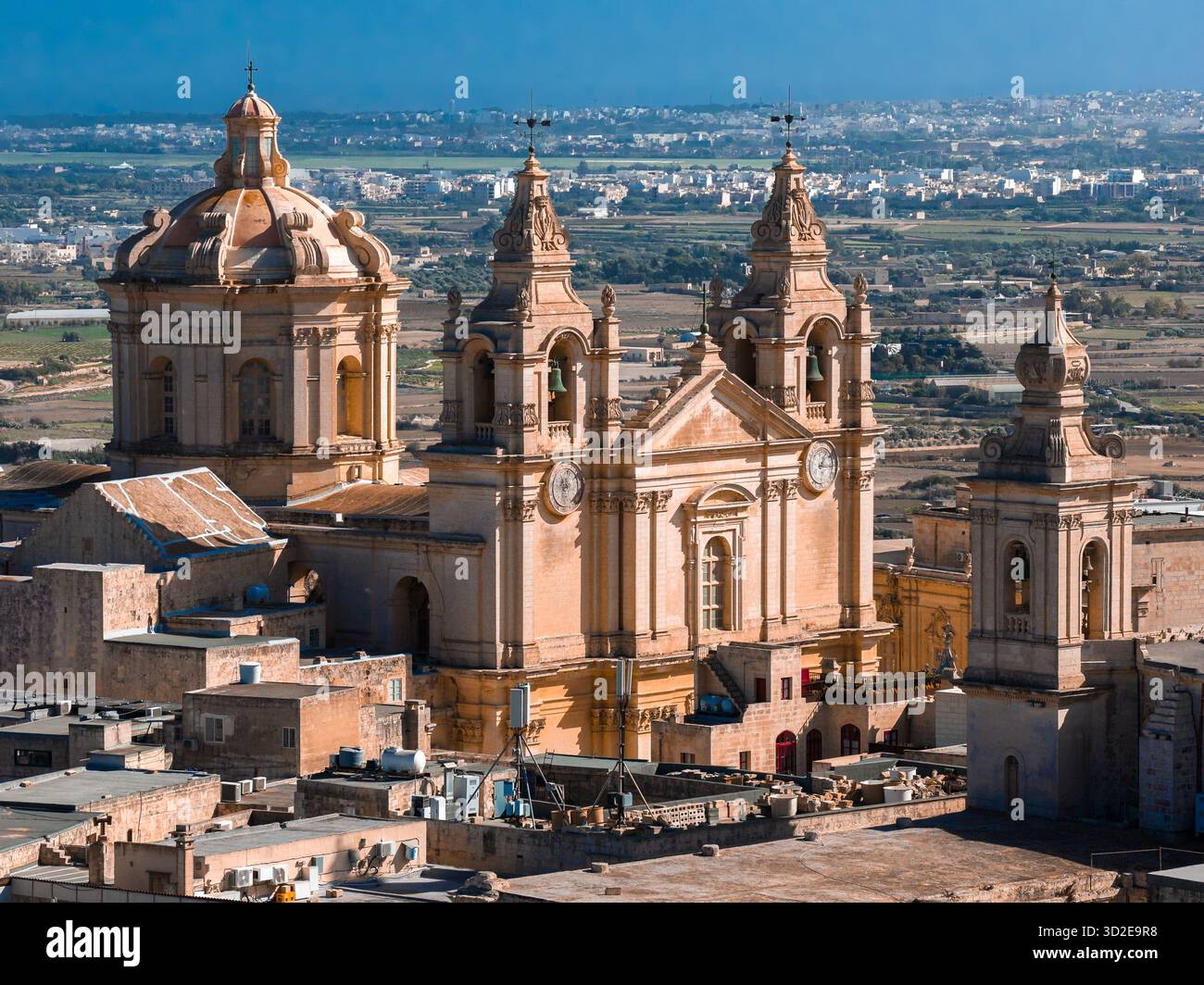 Aerial view of Mdina skyline with St. Pauls Cathedral in Malta Stock ...