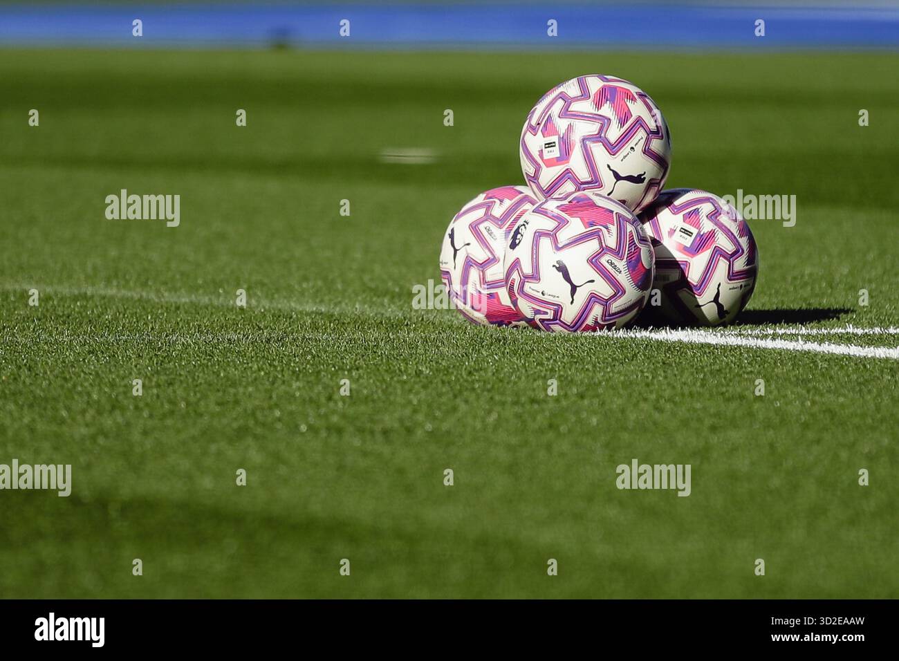 A pyramid stack of Premier League branded footballs seen prepared prior ...
