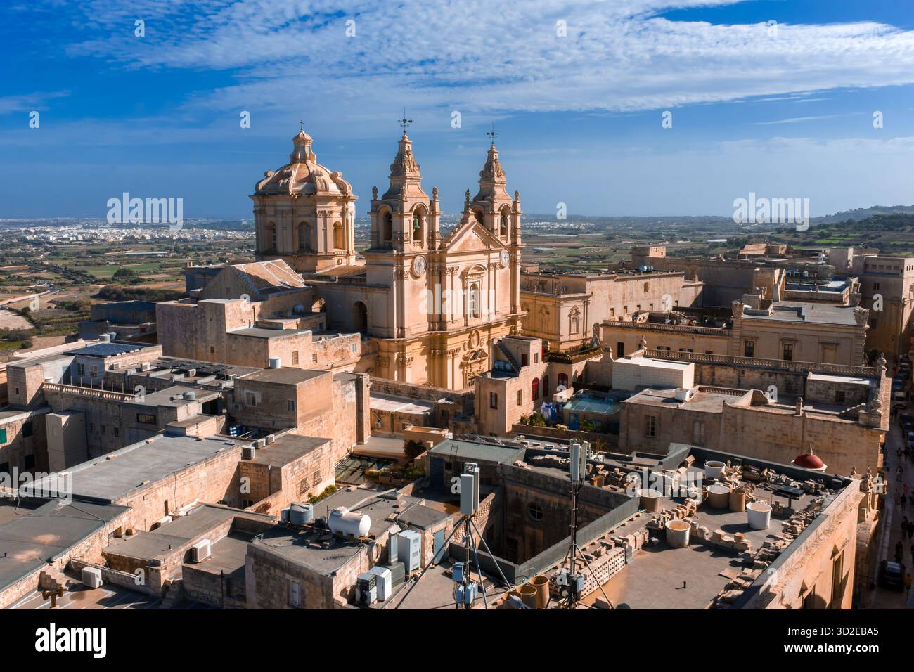 Aerial view of Mdina, Malta with St. Pauls Cathedral above walls Stock ...