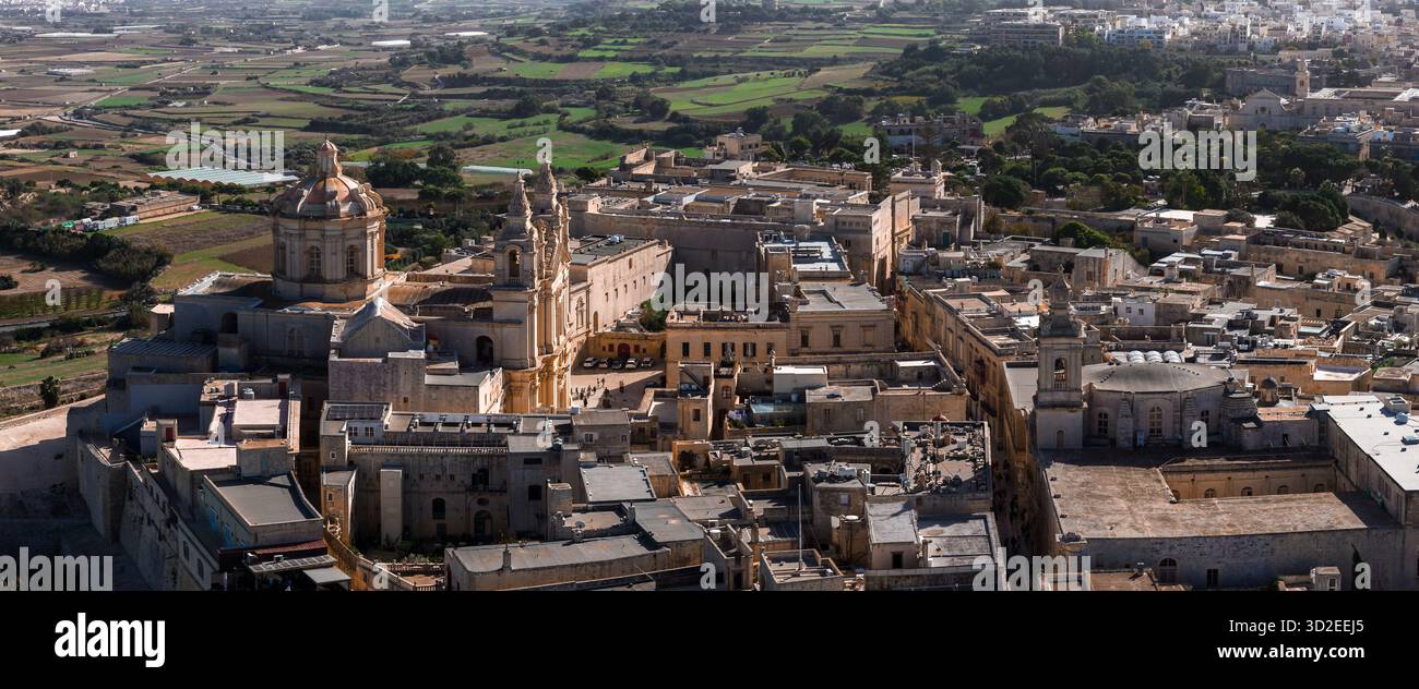 Aerial view of Mdina walled core and St. Paul's Cathedral, Malta Stock ...