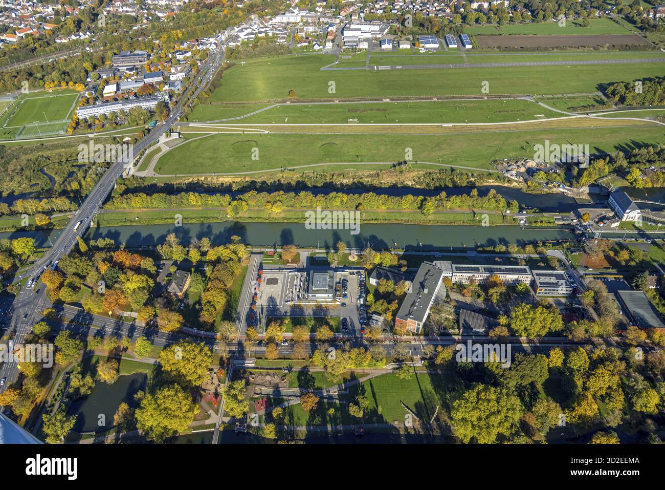 Aerial view, Lippewiesen airfield, Hammonense Gymnasium, water sports ...