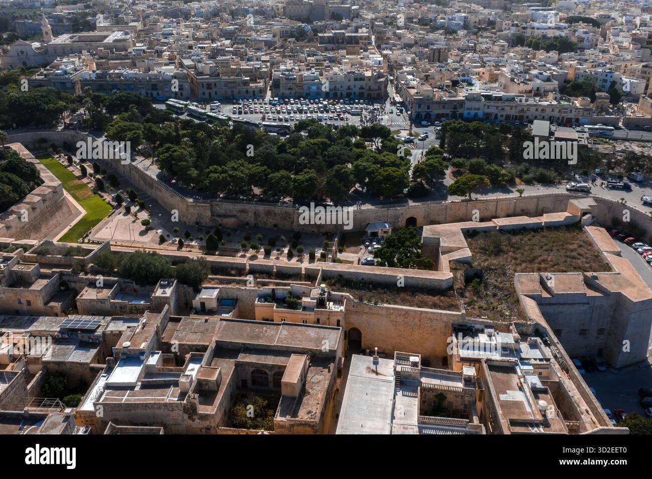 Aerial view of Mdina fortified walls and bastions in Malta at midday ...