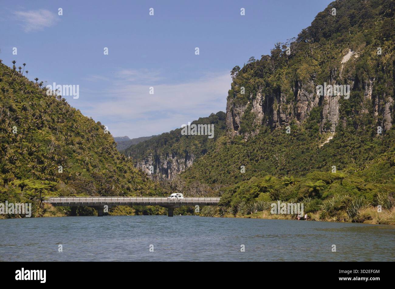 Motorhome on bridge over Pororari River mouth, Paparoa National Park ...